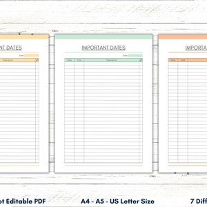 Printable Important Dates Sheet, PDF Important Dates Tracker, PDF Dates ...