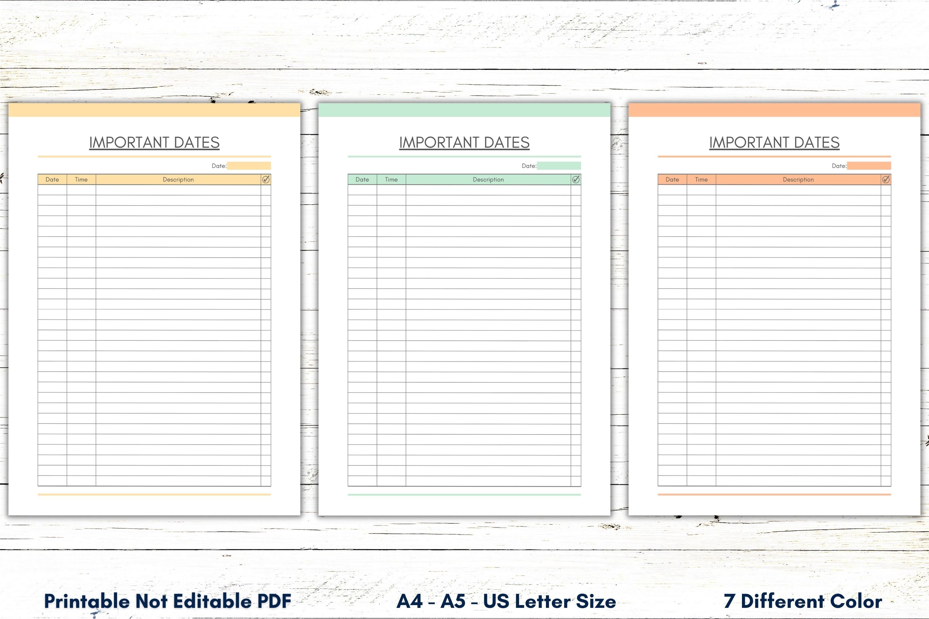 Printable Important Dates Sheet, PDF Important Dates Tracker, PDF Dates ...