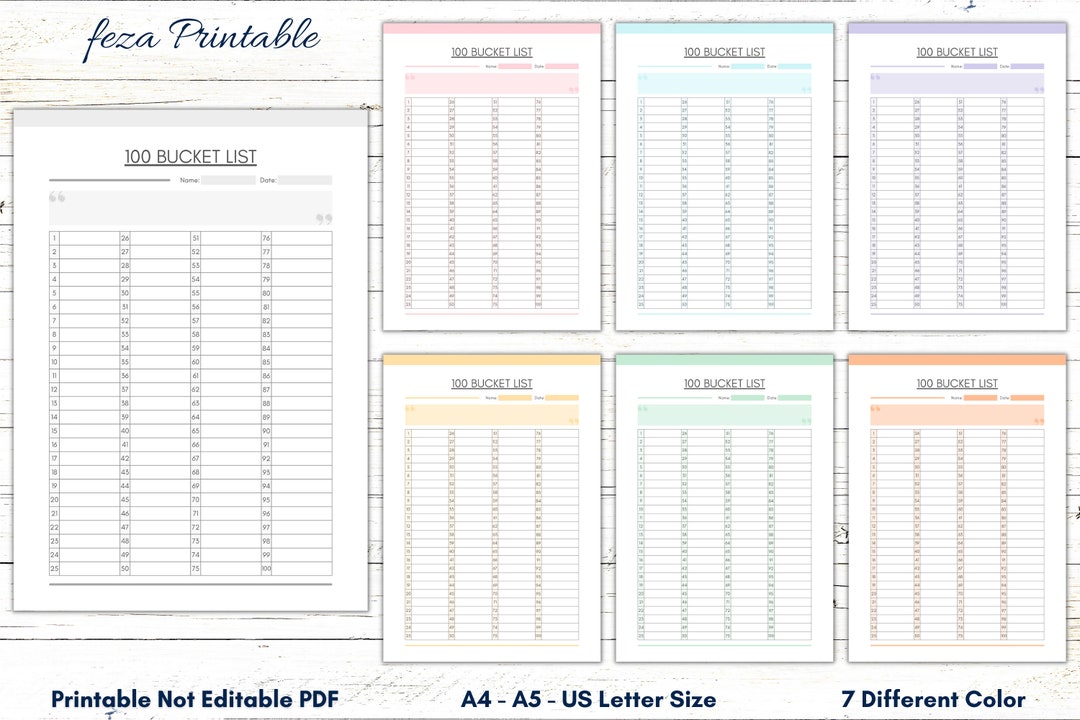 100 Bucket List Printable Template, Bucket List Sheet, Bucket List ...