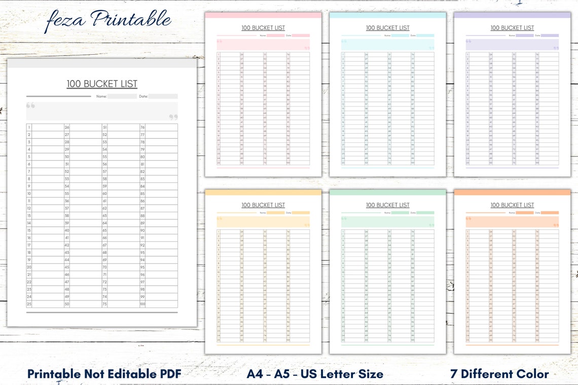 100 Bucket List Printable Template, Bucket List Sheet, Bucket List ...