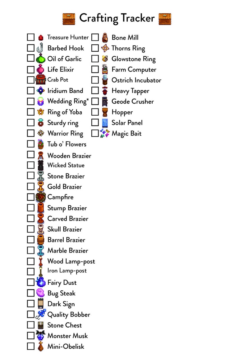 Printable Digital File Stardew Valley Tracker Crafting Collection Order ...