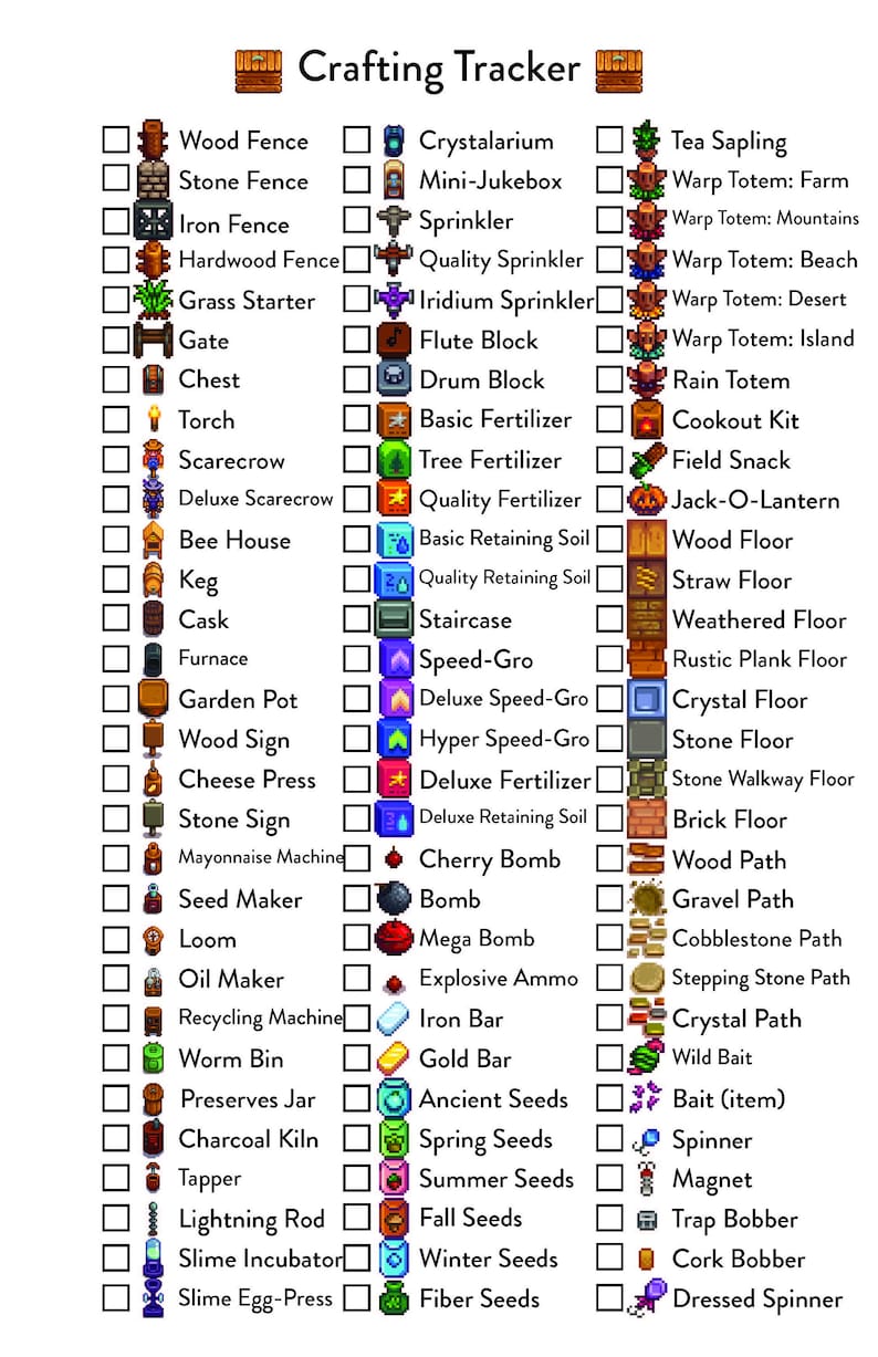 Printable Digital File Stardew Valley Tracker Crafting Collection Order ...