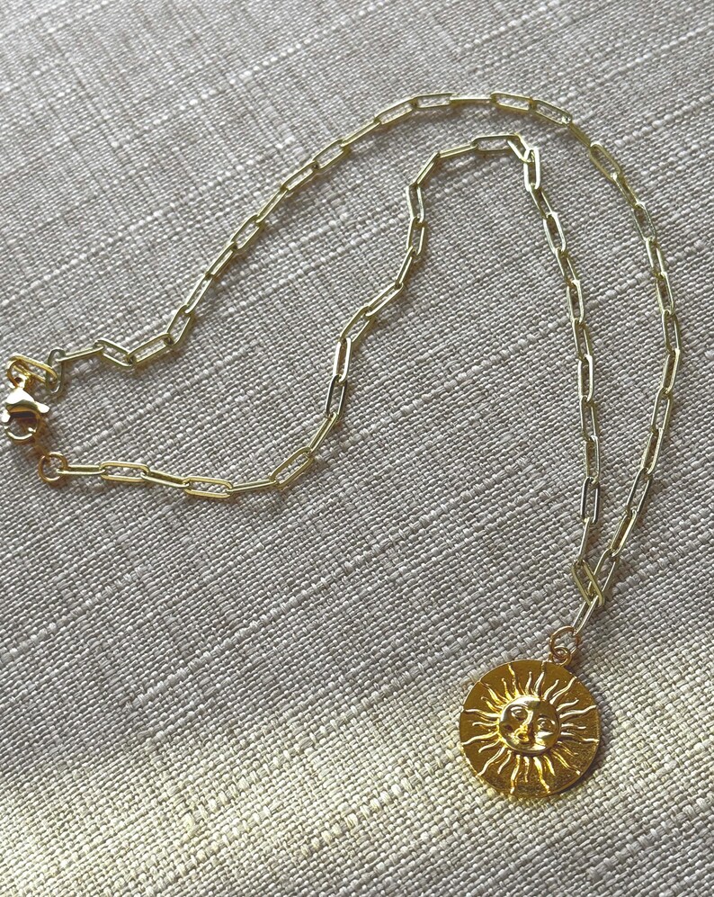 The Sun Talisman Necklace - Tarnish Resistant Gold Tone Paperclip Chain ...