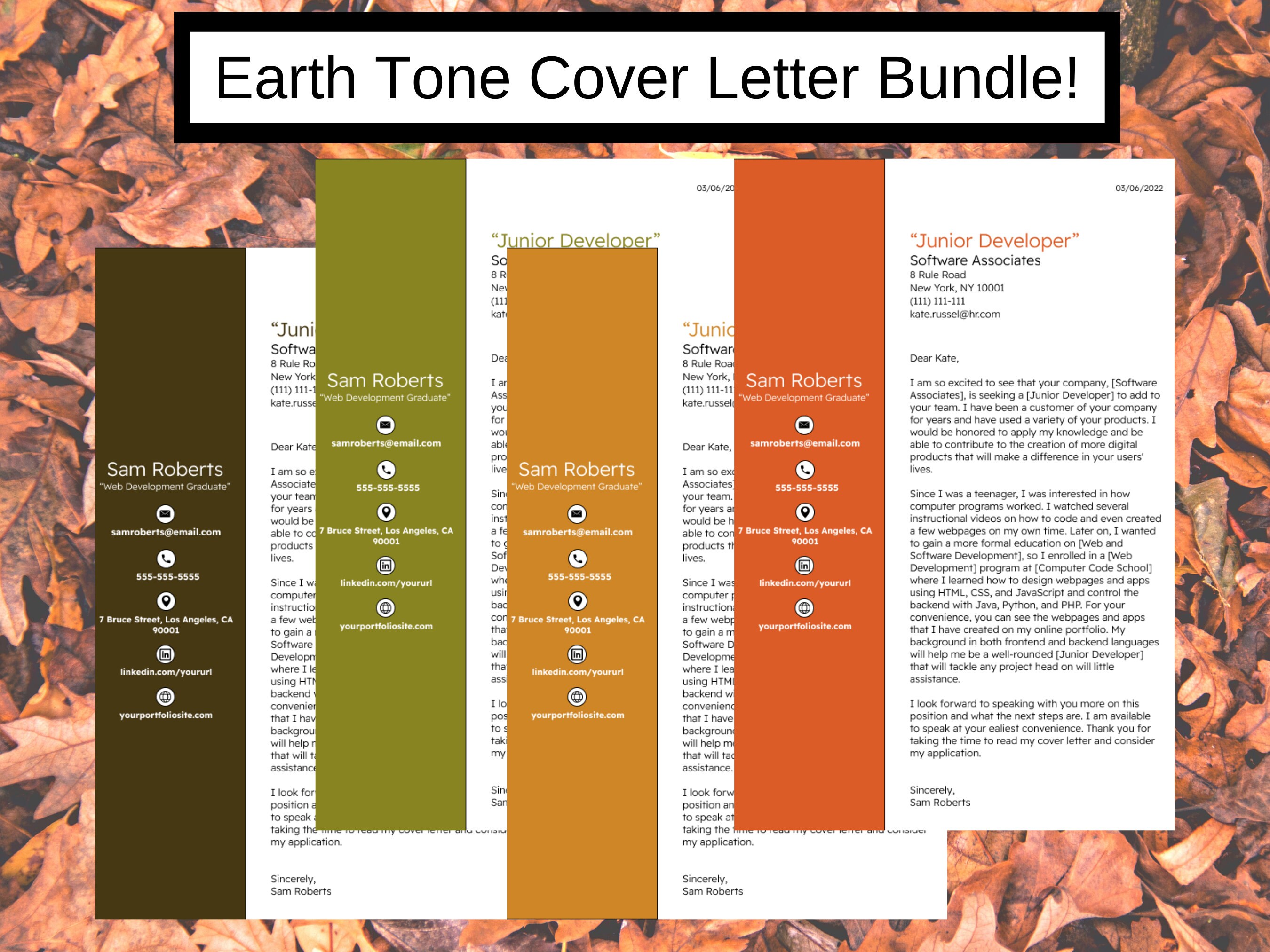 One Page Editable Earth Tones Cover Letter Bundle Clean Colorful and ...