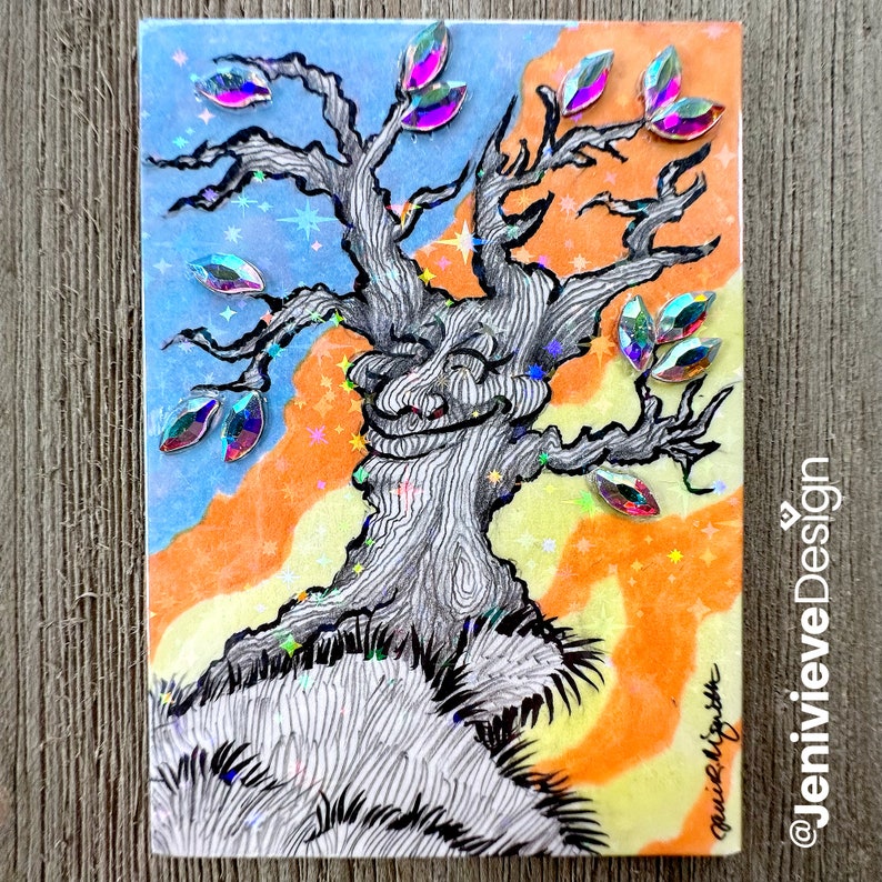 Sparkle Stim Art ORIGINAL: Happy Tree Smiling on Cliff - Etsy