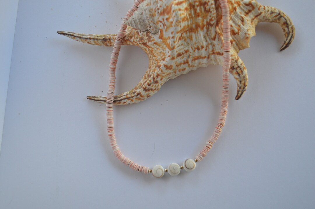Beautiful Pink Rose Shell Heishi Shell 16" Necklace With 3 Shiva Eye ...