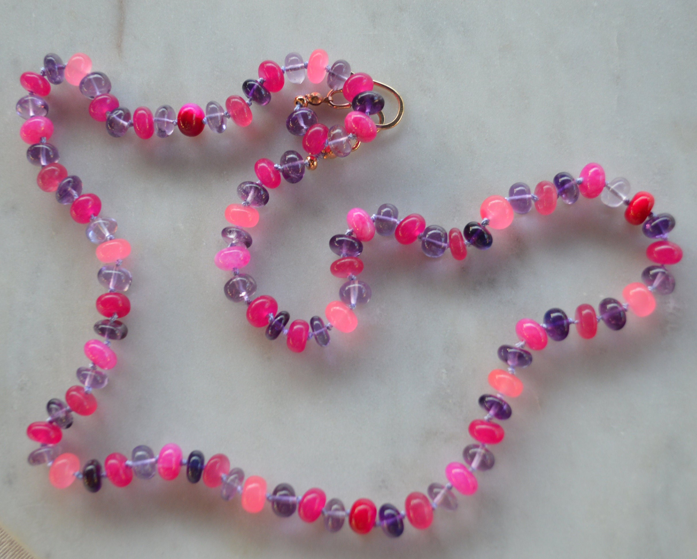Gemmy Amethyst and 4 Colors of Pink Chalcedony and Quartz Hand Knotted ...