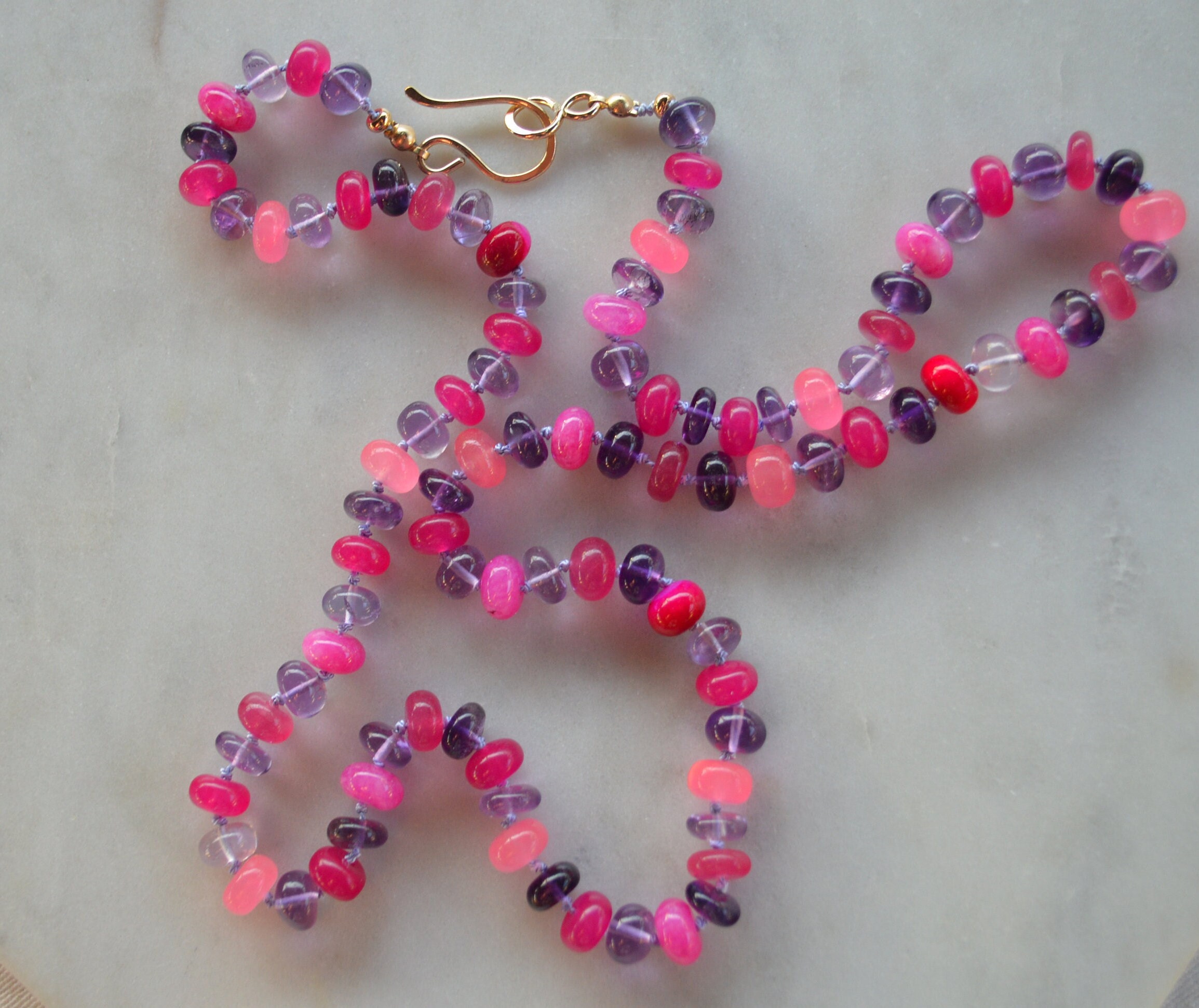 Gemmy Amethyst and 4 Colors of Pink Chalcedony and Quartz Hand Knotted ...