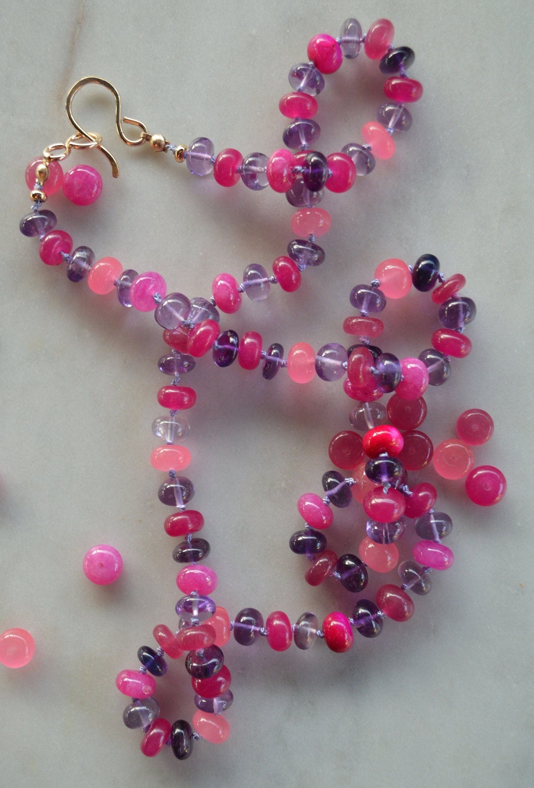 Gemmy Amethyst and 4 Colors of Pink Chalcedony and Quartz Hand Knotted ...
