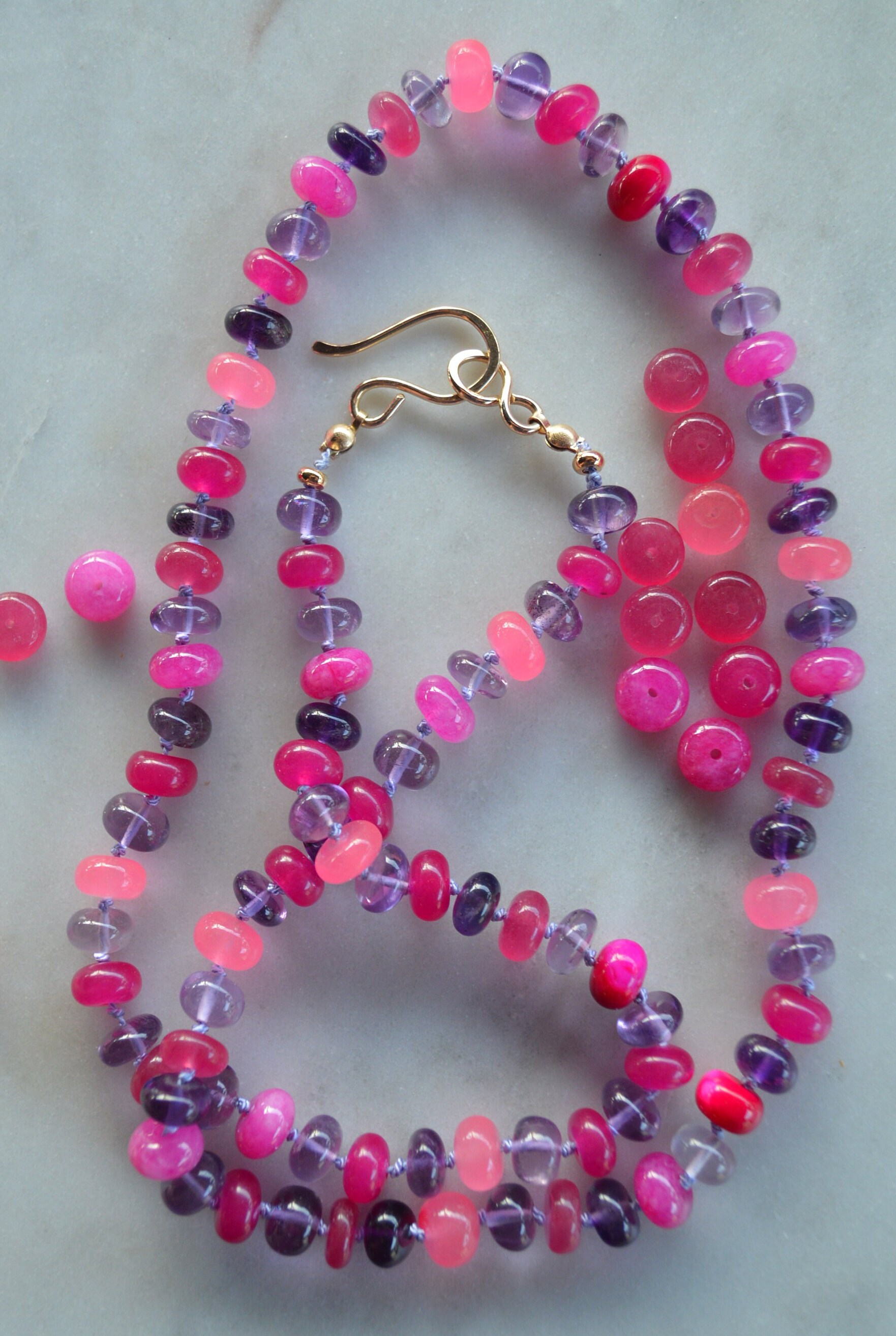 Gemmy Amethyst and 4 Colors of Pink Chalcedony and Quartz Hand Knotted ...
