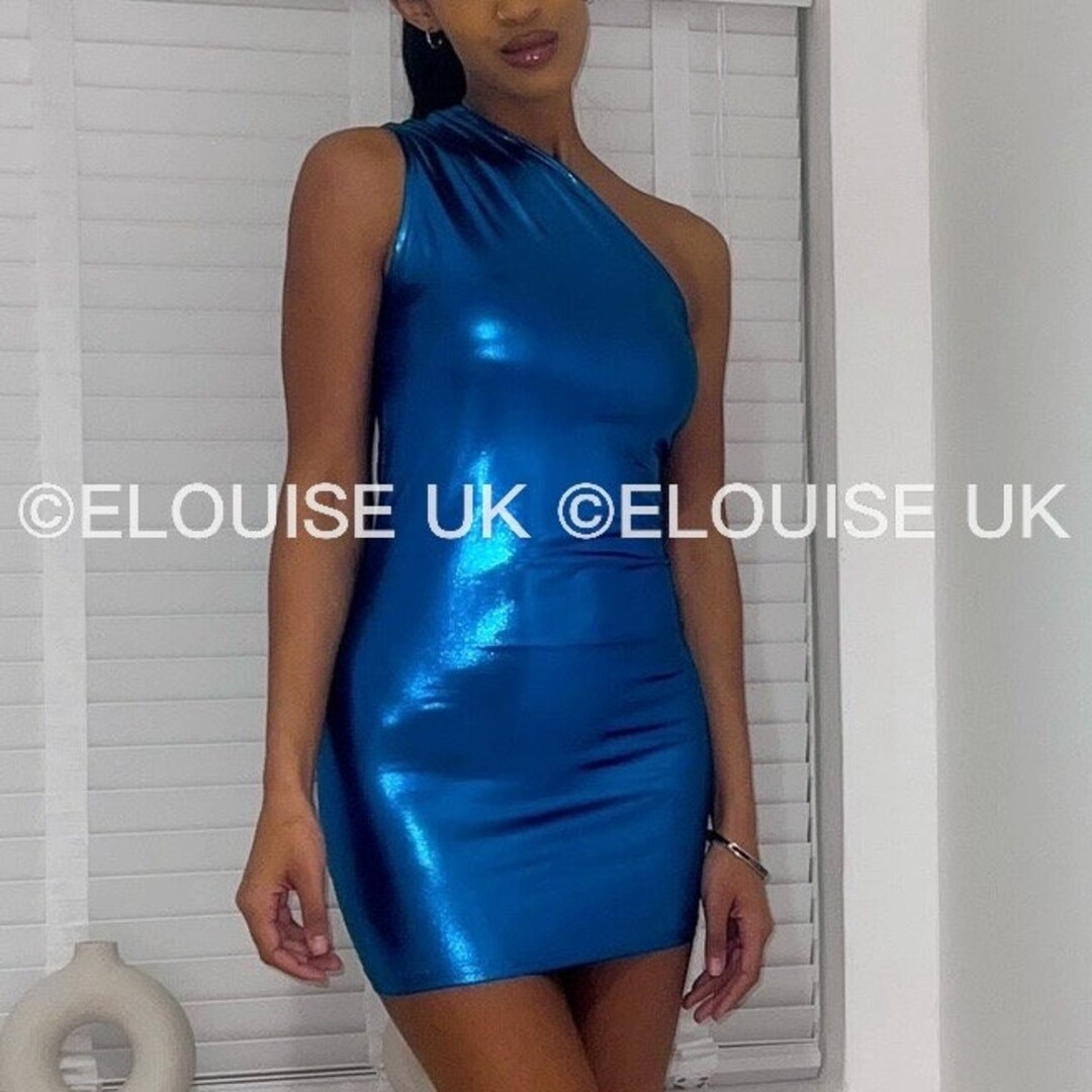 Blue Metallic One Shoulder Dress Foil Shiny Dress Festival Summer ...
