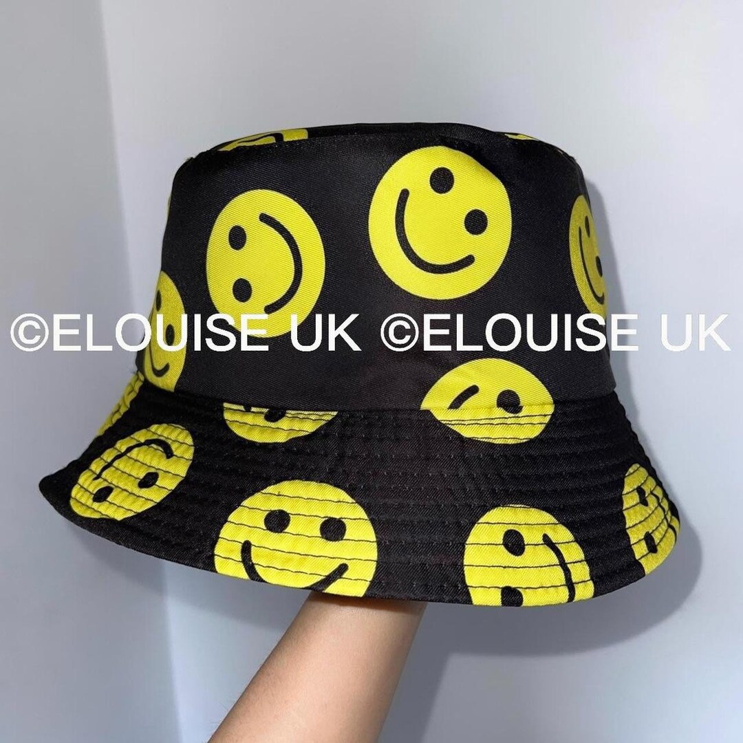 Smiley Face Bucket Hat Black Yellow Bucket Hat Rave Hat - Etsy