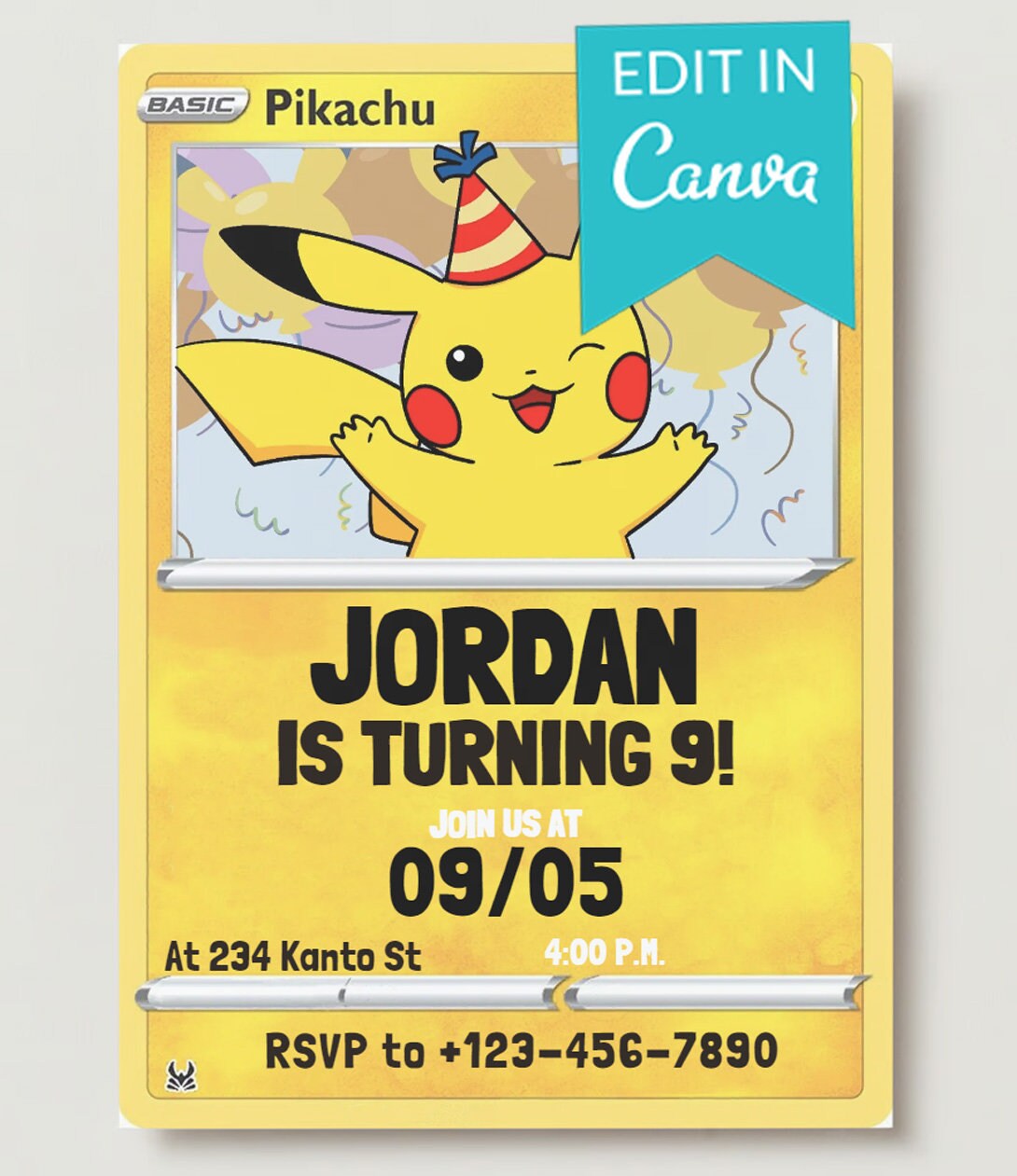 Canva Editable Pikachu Pokemon Card Birthday Party Invitations Instant ...