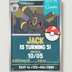 Canva Editable Umbreon Pokemon Card Birthday Party Invitations Instant ...