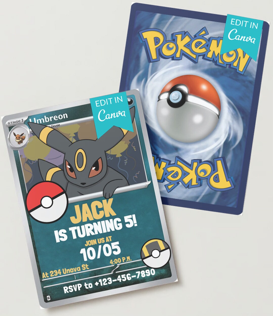 Canva Editable Umbreon Pokemon Card Birthday Party Invitations Instant ...