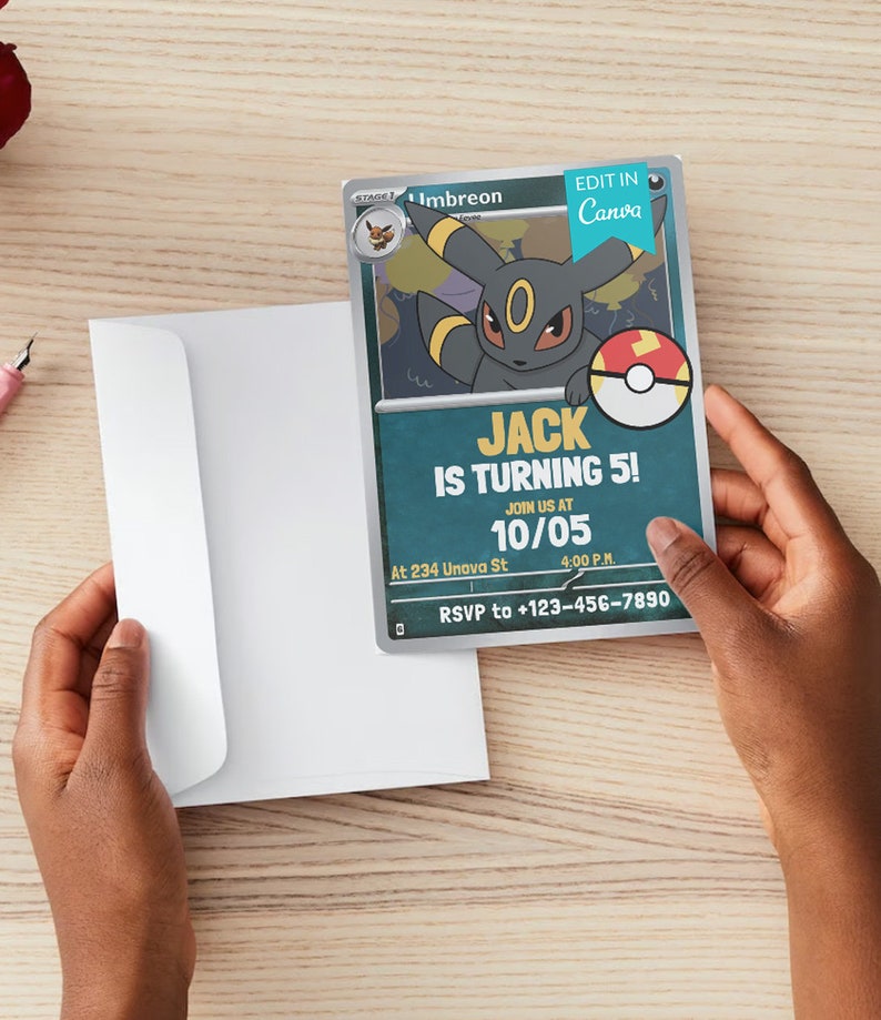 Canva Editable Umbreon Pokemon Card Birthday Party Invitations Instant ...