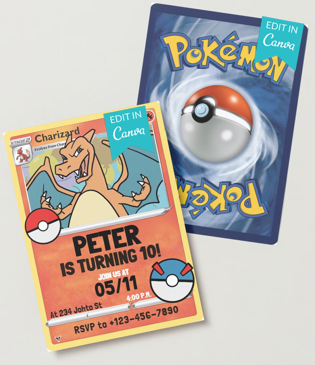 Canva Editable Charizard Pokemon Card Birthday Party Invitations ...