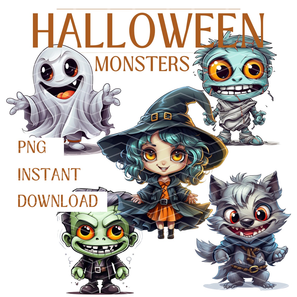 Monster Character Halloween Clipart PNG Bundle, Cute but Scary ...