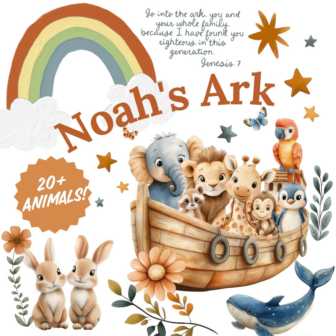 Noah's Arc PNG Bundle, Religious Watercolor Clipart, Cute Animal ...