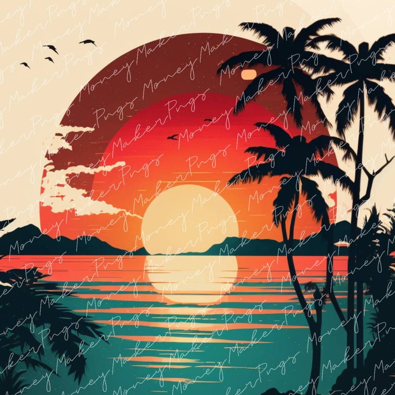 Retro Sunset Png, Vintage Sunset Clipart, Beach Palm Tree Silhouette ...