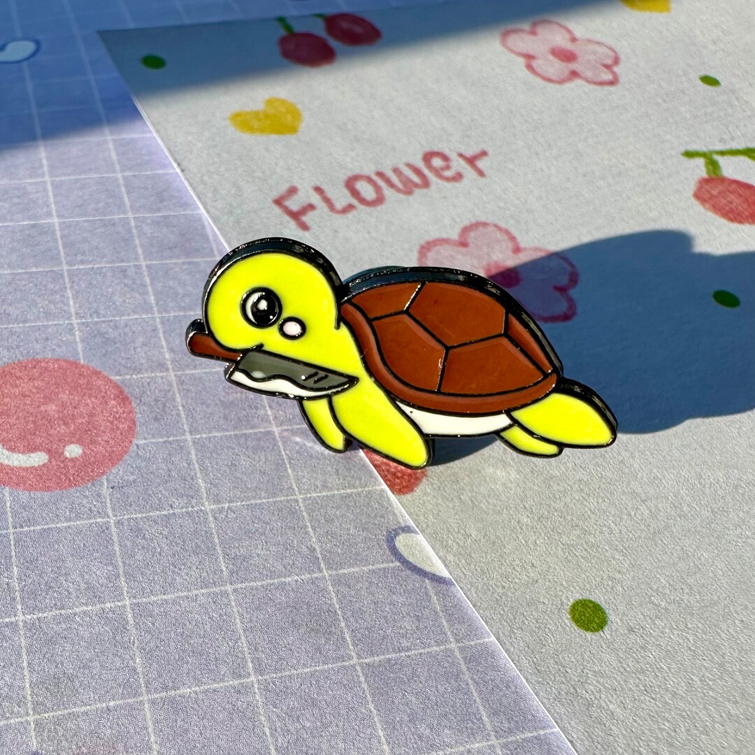 Cute Turtle With Knife Enamel Pin, Turtle Pin, Boba Pin, Kawaii, Fun ...