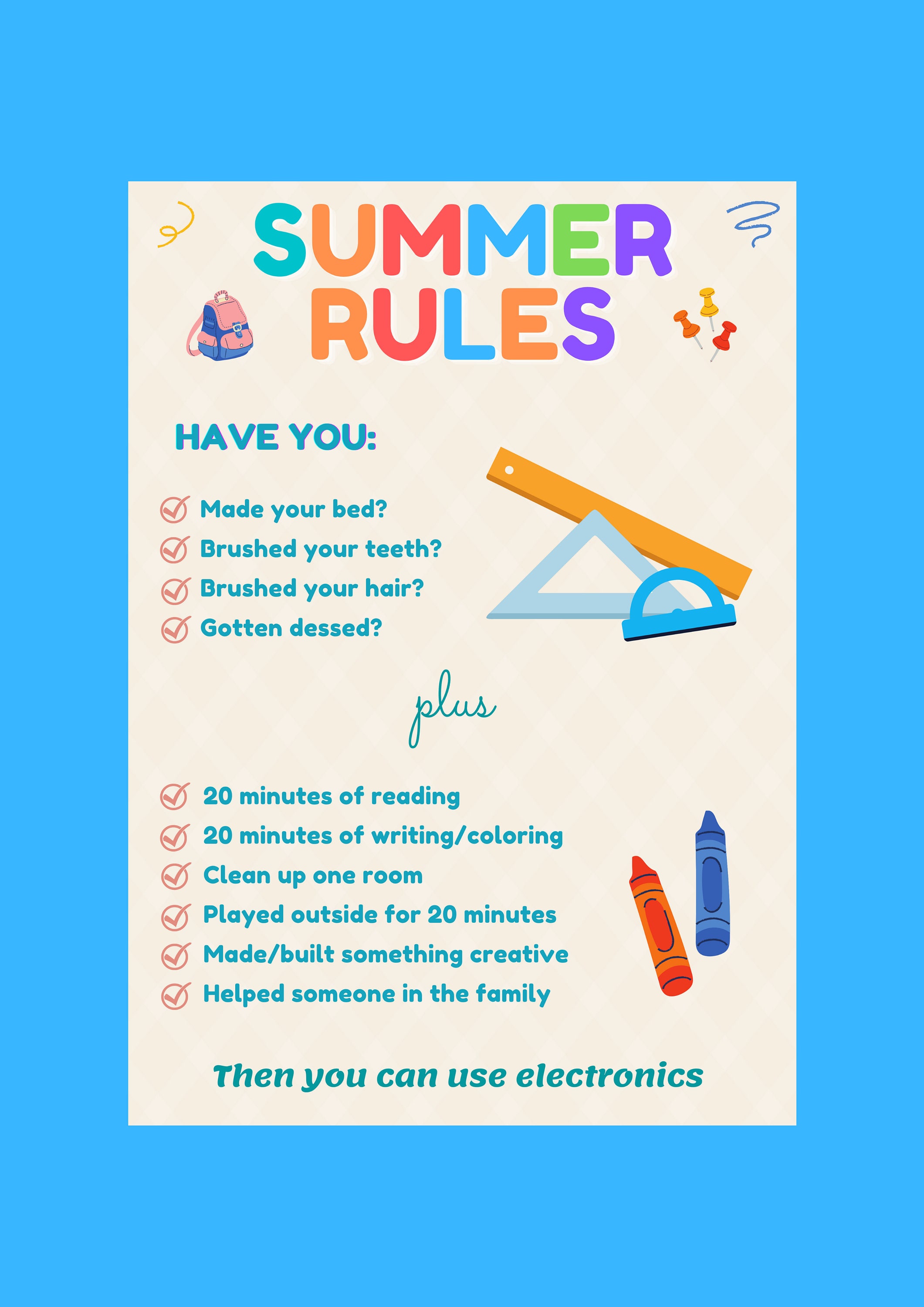 Summer Rules for Kids, Chore Chart for Kids, Summer Routine, Printable ...