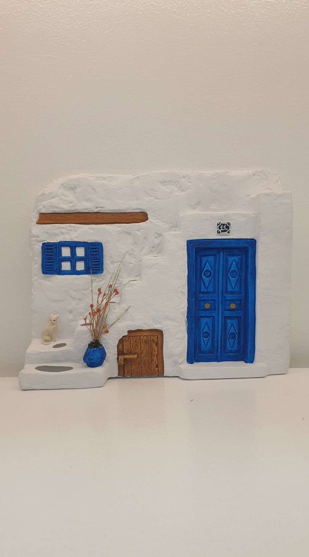 Traditional Greek House,ceramic Blue Door,greek Artwork,art Home Decor ...