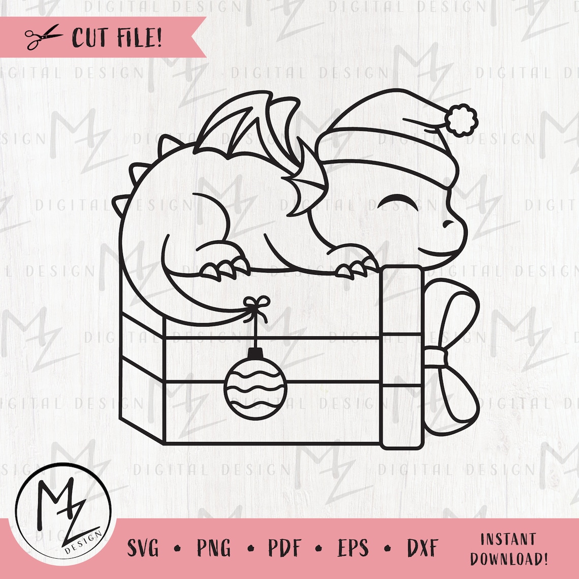 Christmas Dragon SVG Cute Sleeping Baby Dragon Outline Cut File for ...