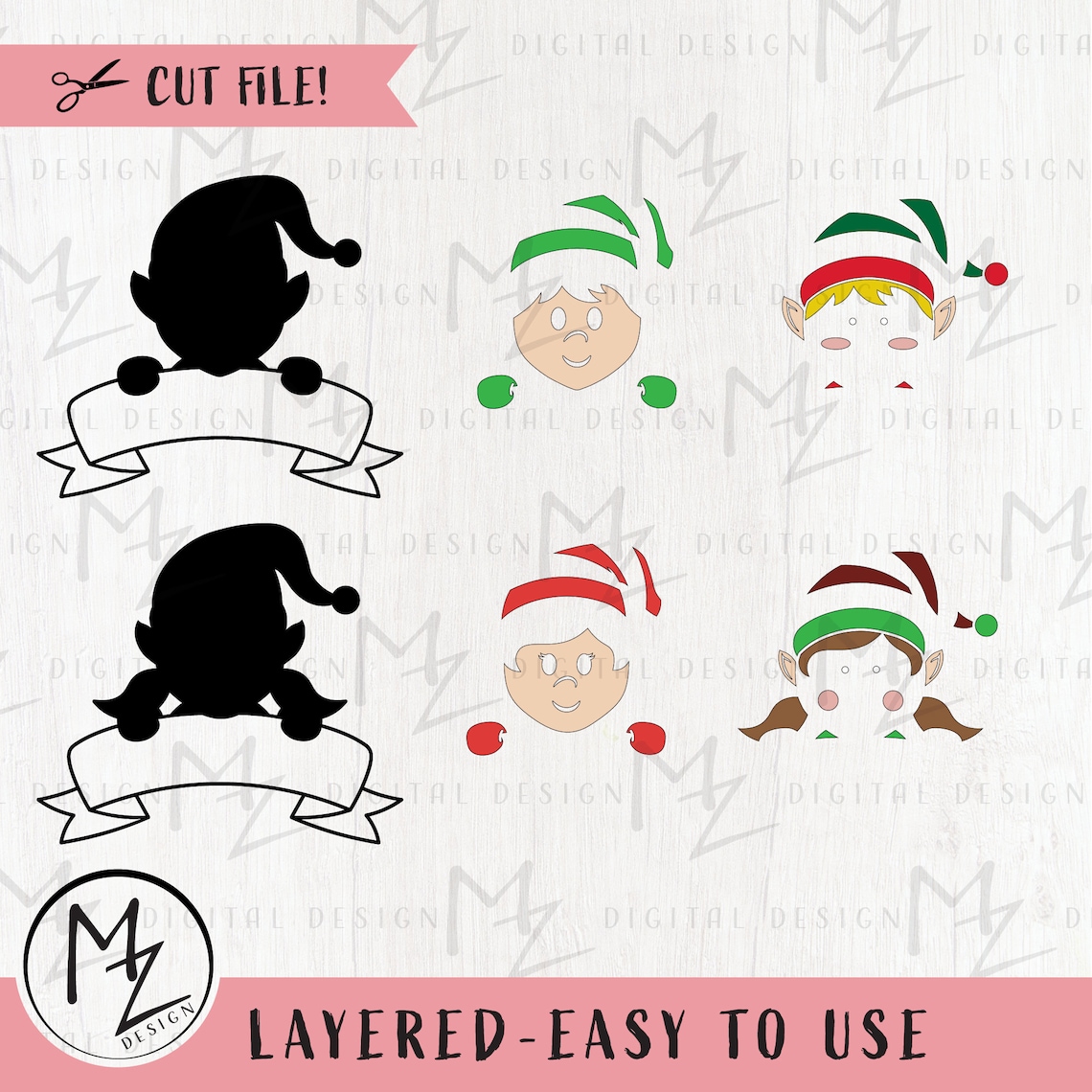 Elf Monogram SVG Christmas Cut File Boy Elf Face Girl Elf Face Text Bar ...