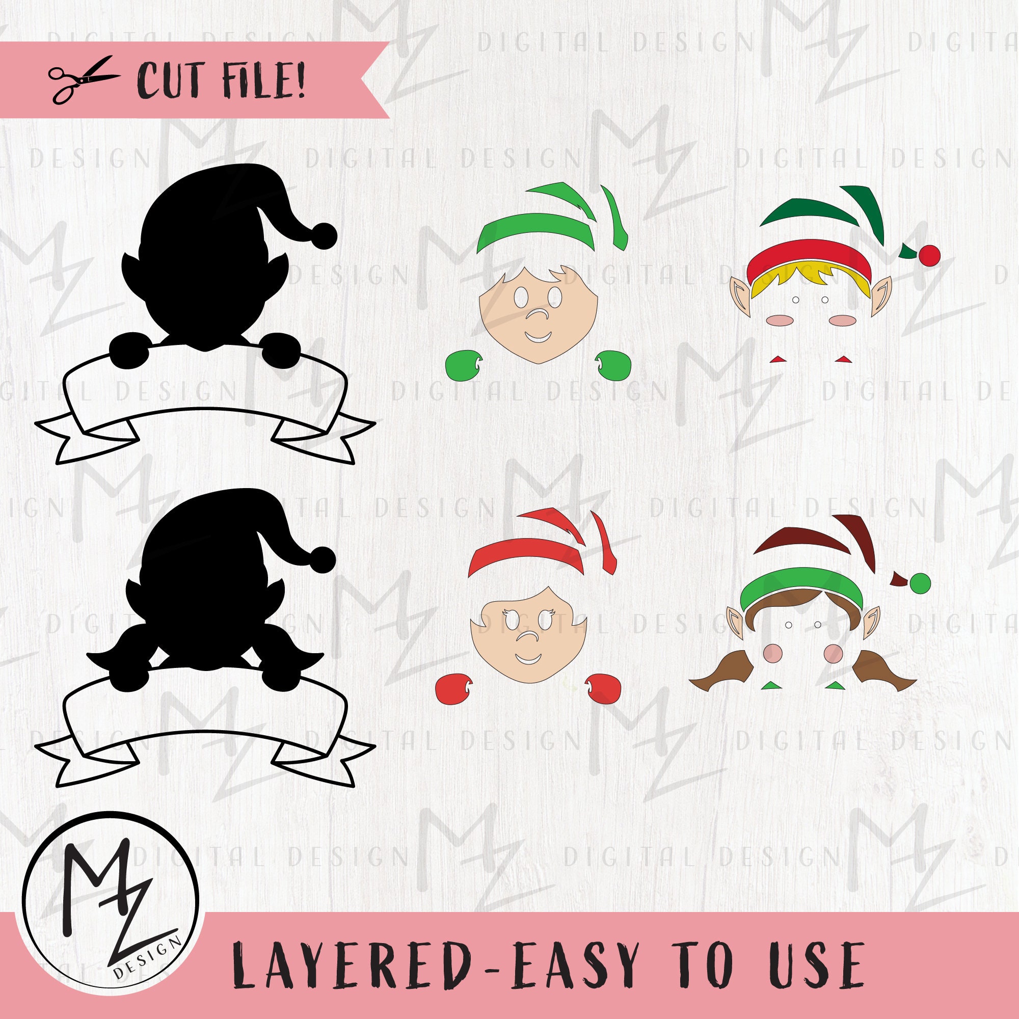 Elf Monogram SVG Christmas Cut File Boy Elf Face Girl Elf Face Text Bar ...
