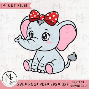Baby Elephant SVG Cute Elephant Girl With a Bow Layered Cut File for ...