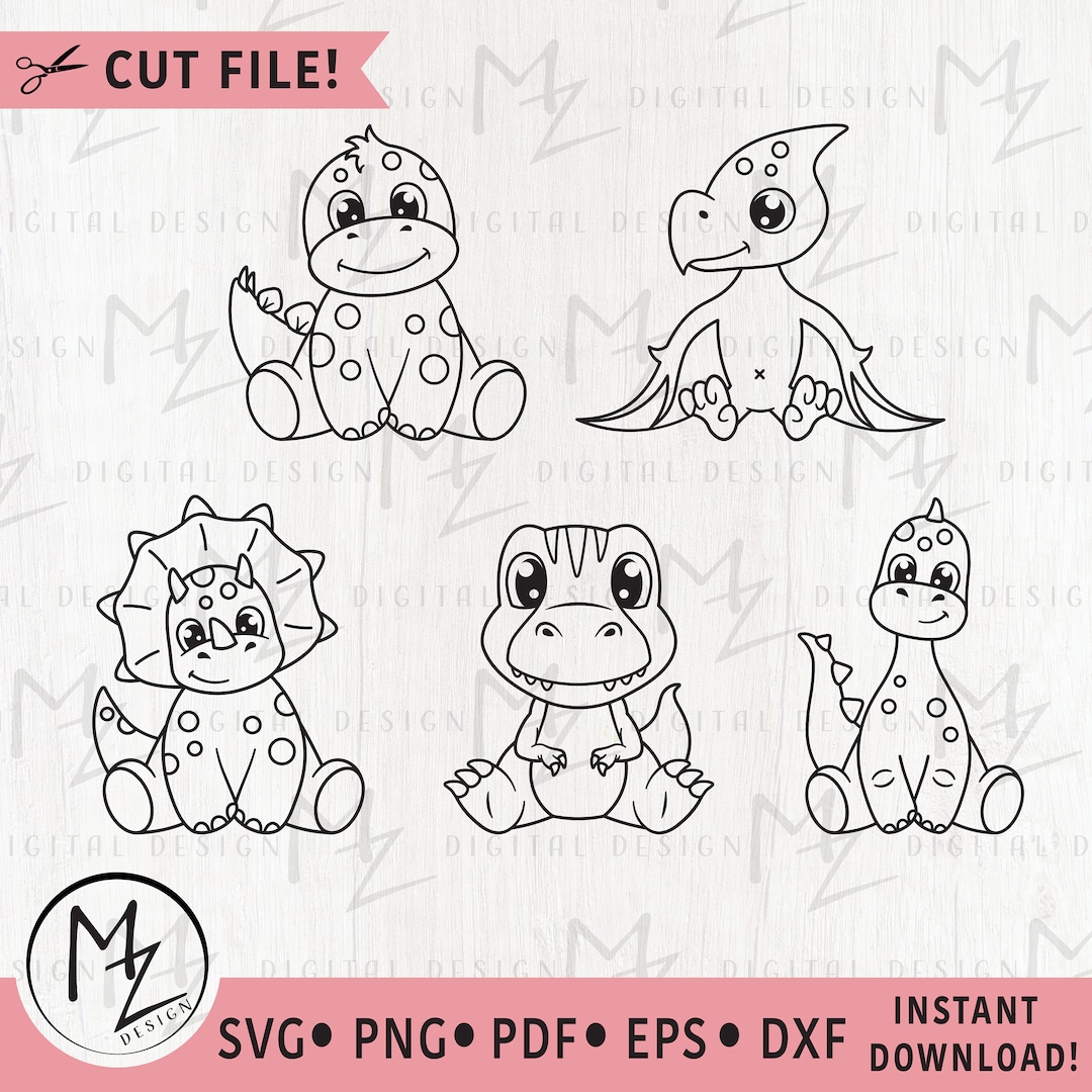Baby Dino SVG Bundle Outline T-rex Brontosaurus Stegosaurus Triceratops ...