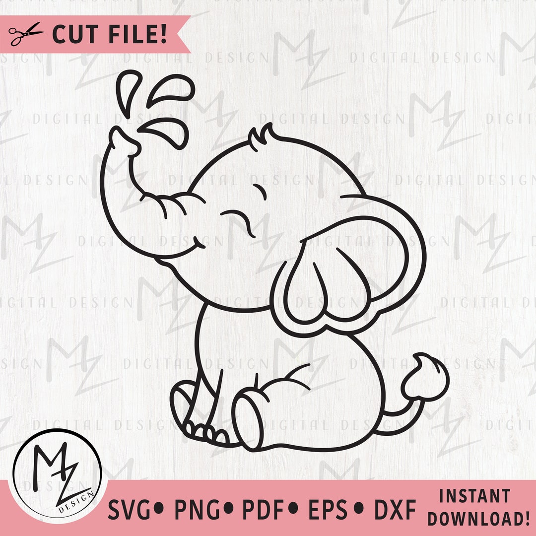Baby Elephant SVG Cute Elephant Spraying Water Outline Cut File Cricut ...