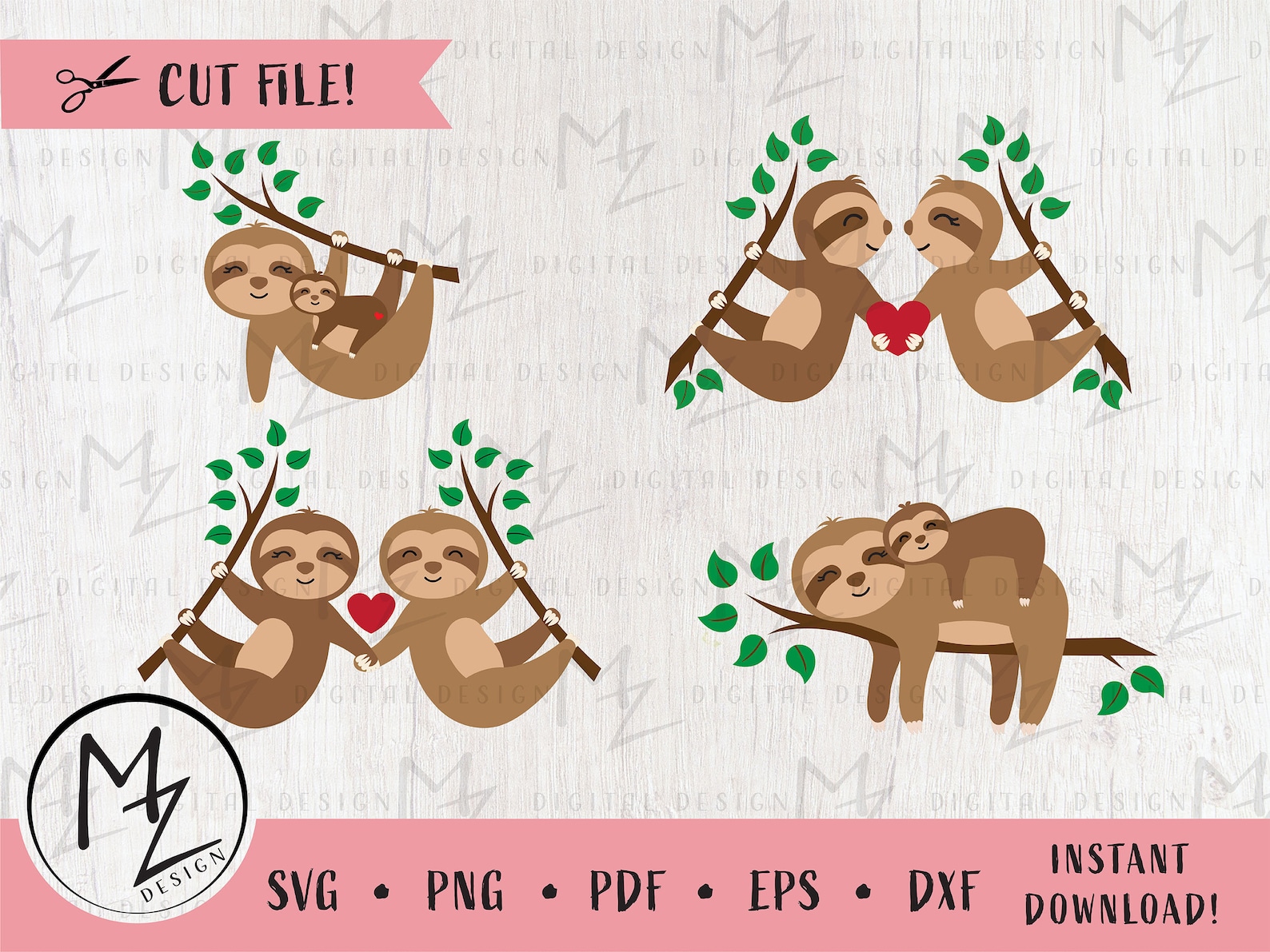 Sloth SVG Bundle, V-day Sloth Svg, Mother's Day Sloth Svg, Hanging ...