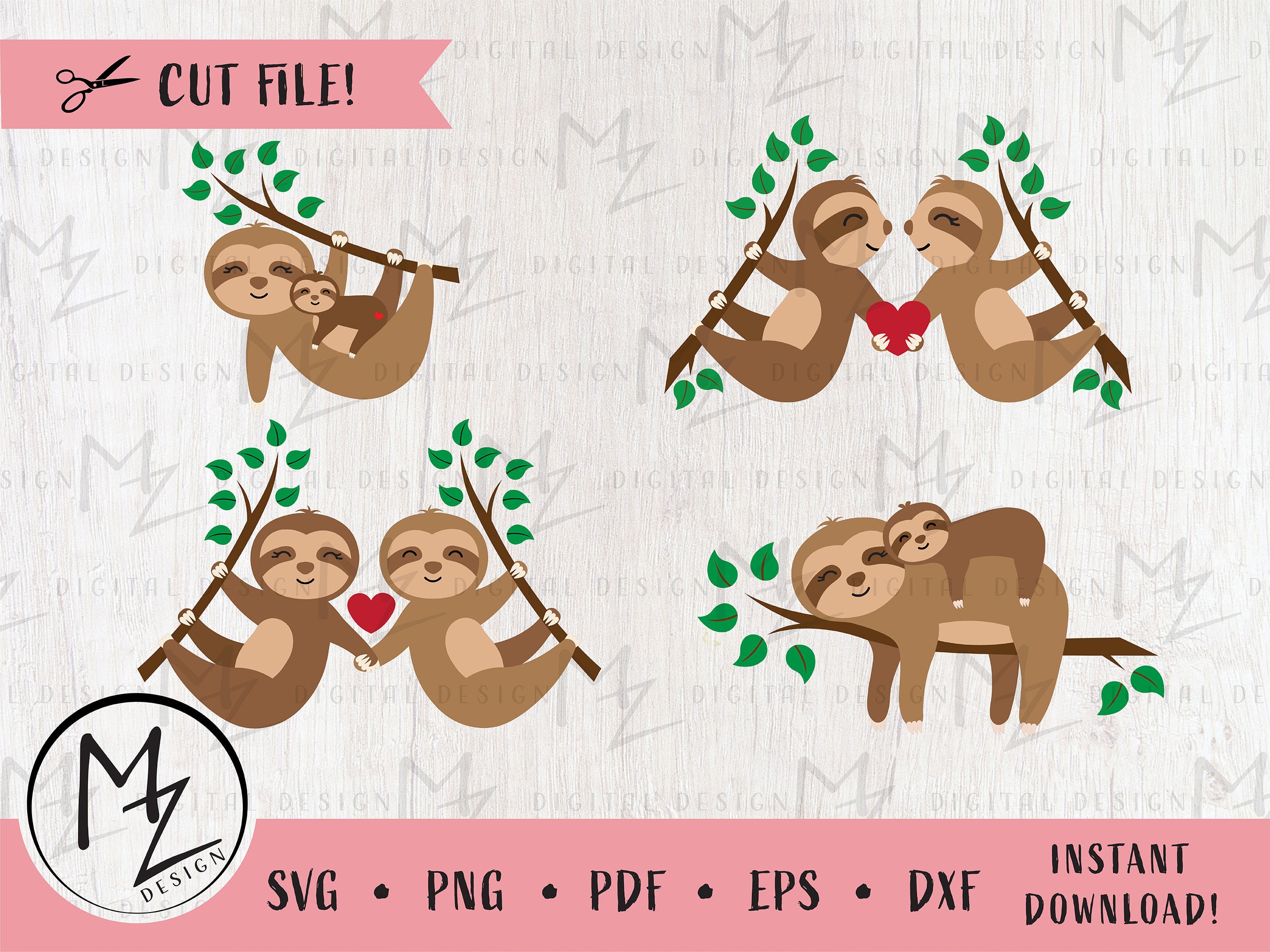 Sloth SVG Bundle, V-day Sloth Svg, Mother's Day Sloth Svg, Hanging ...