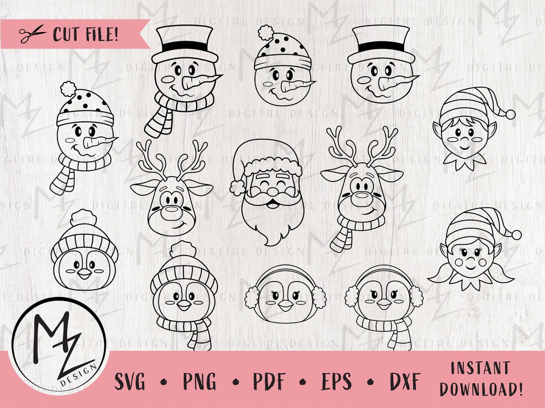 Christmas Faces SVG Bundle, Santa, Reindeer, Snowman, Elf (digital ...