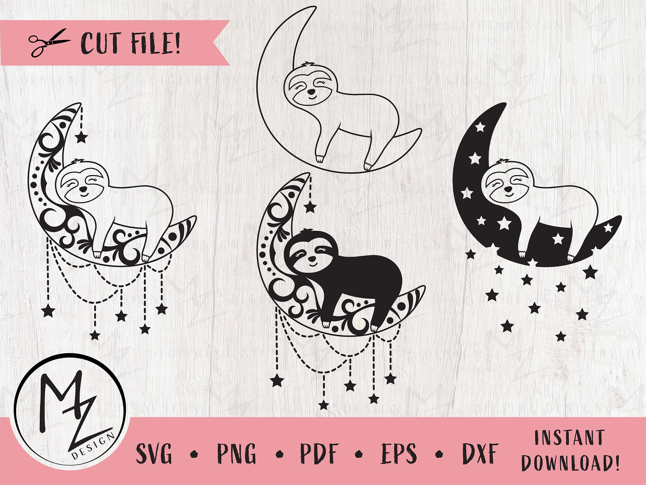Sweet Sloth SVG, Sleeping Sloth on Moon PNG, Cut File, Clipart ...