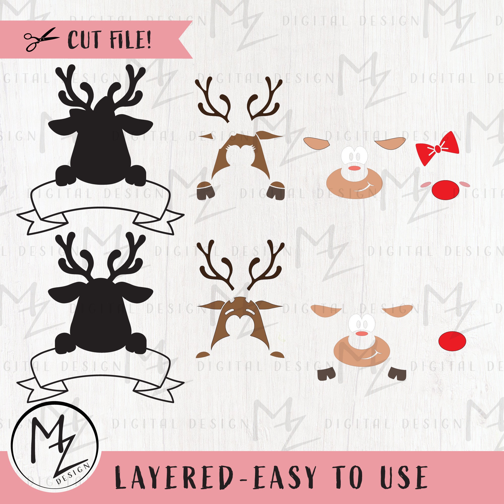 Reindeer Monogram SVG: Christmas Cut File, Name Label Frame (digital ...