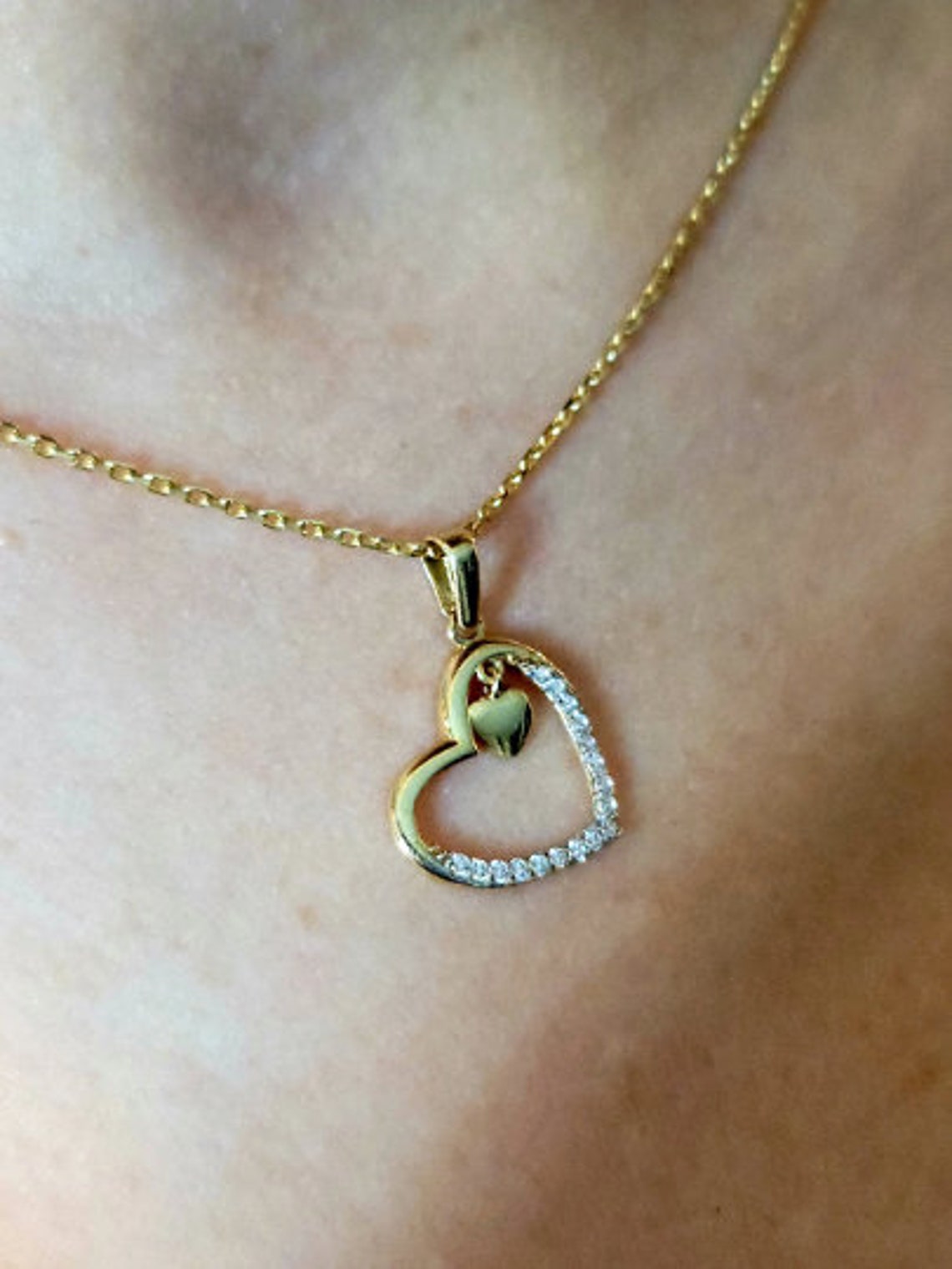 Love Heart Necklace / 14K Solid Gold Heart Necklace / Dimond Cut Love ...