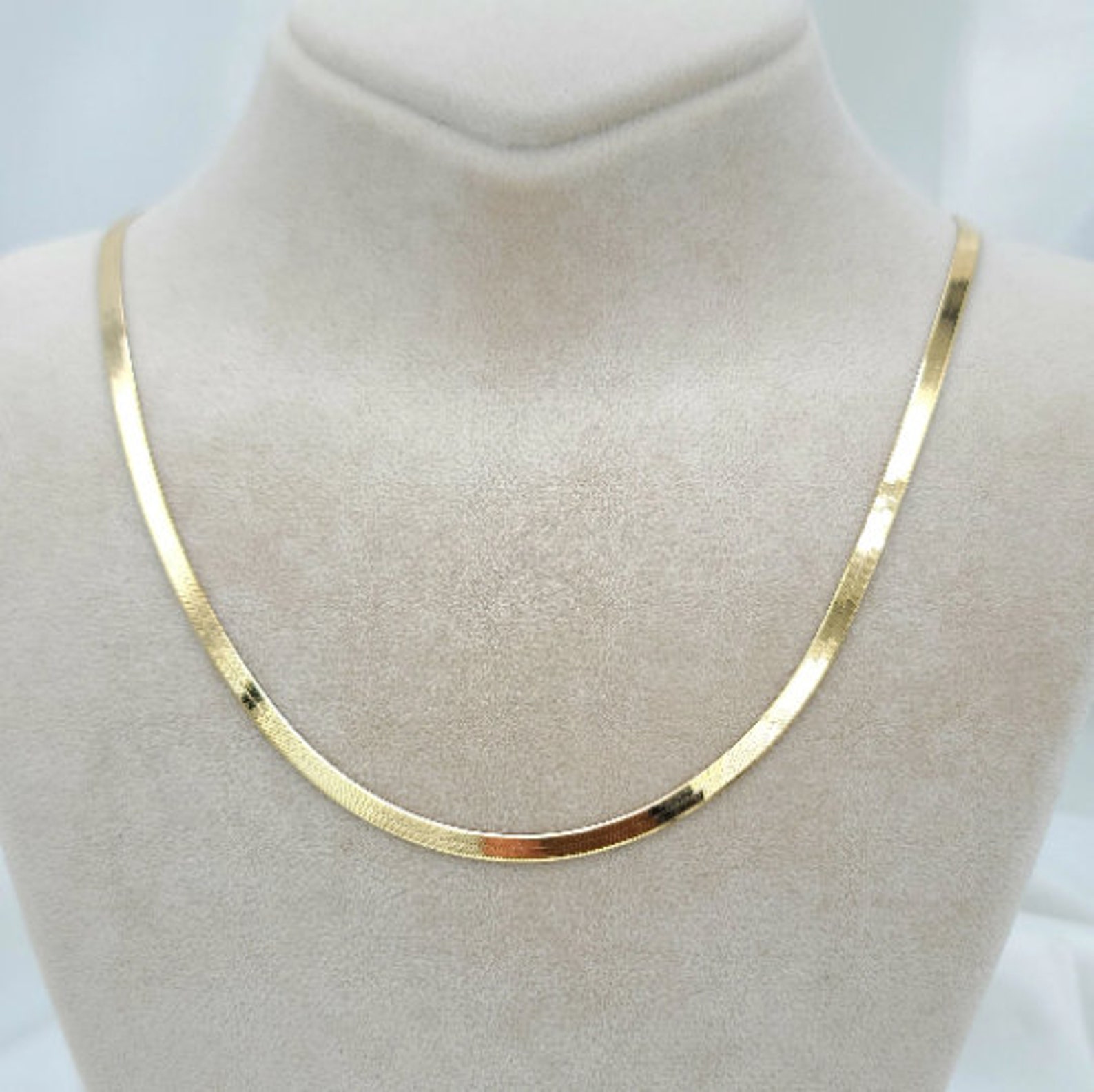 14K Solid Gold Herringbone Necklace/ Flat Snake Herringbone Choker/ 14 ...