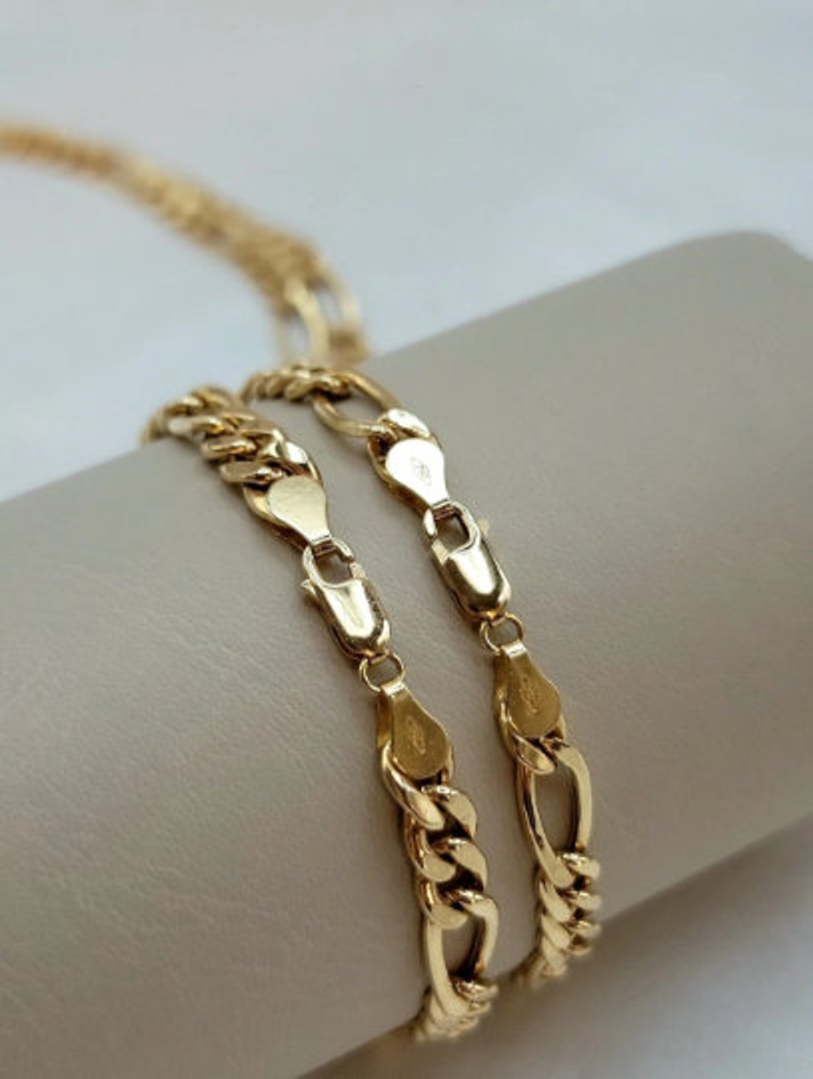 18K Solid Gold Figaro Chain & Bracelet, Pure 18K Gold Figaro Links ...