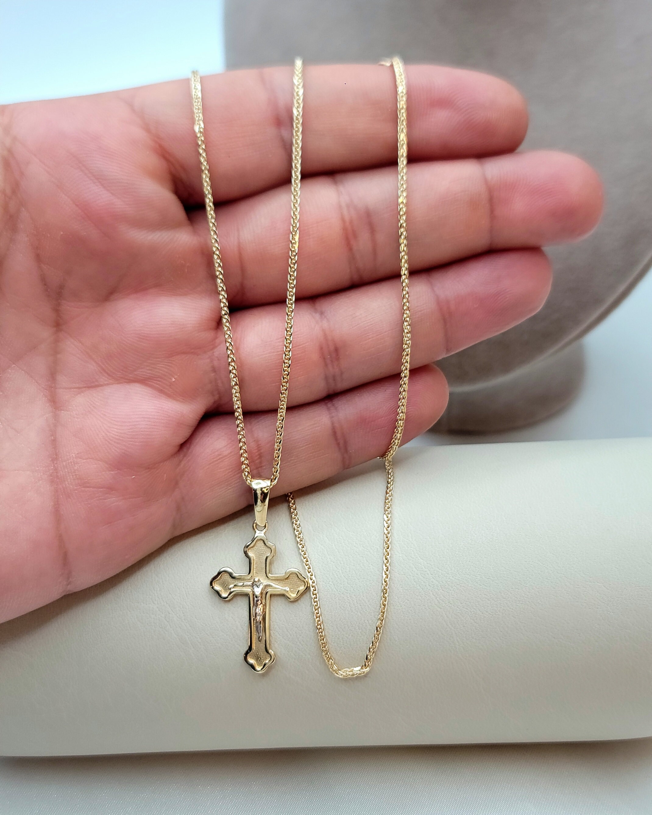 14K Real Gold Cross Pendant Necklace, Solid 14K Gold Religious Jesus ...