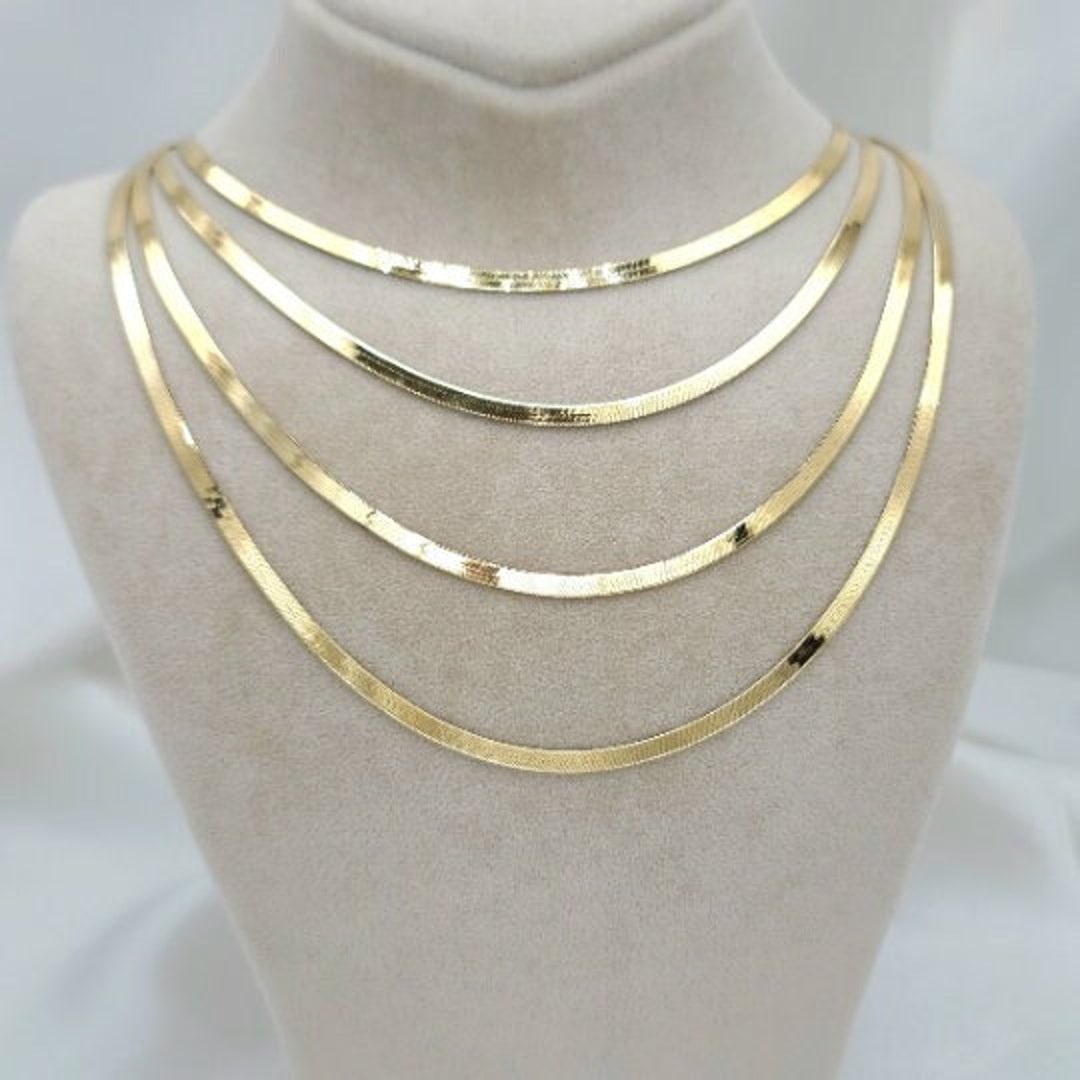 14K Solid Gold Herringbone Necklace/ Flat Snake Herringbone Choker/ 14 ...