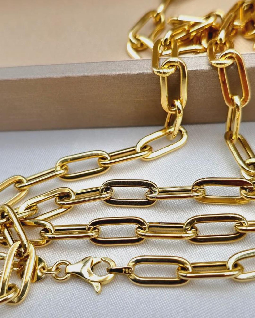18K Solid Gold Paperclip Necklace, Real 18K Yellow Gold Paperclip Chain ...