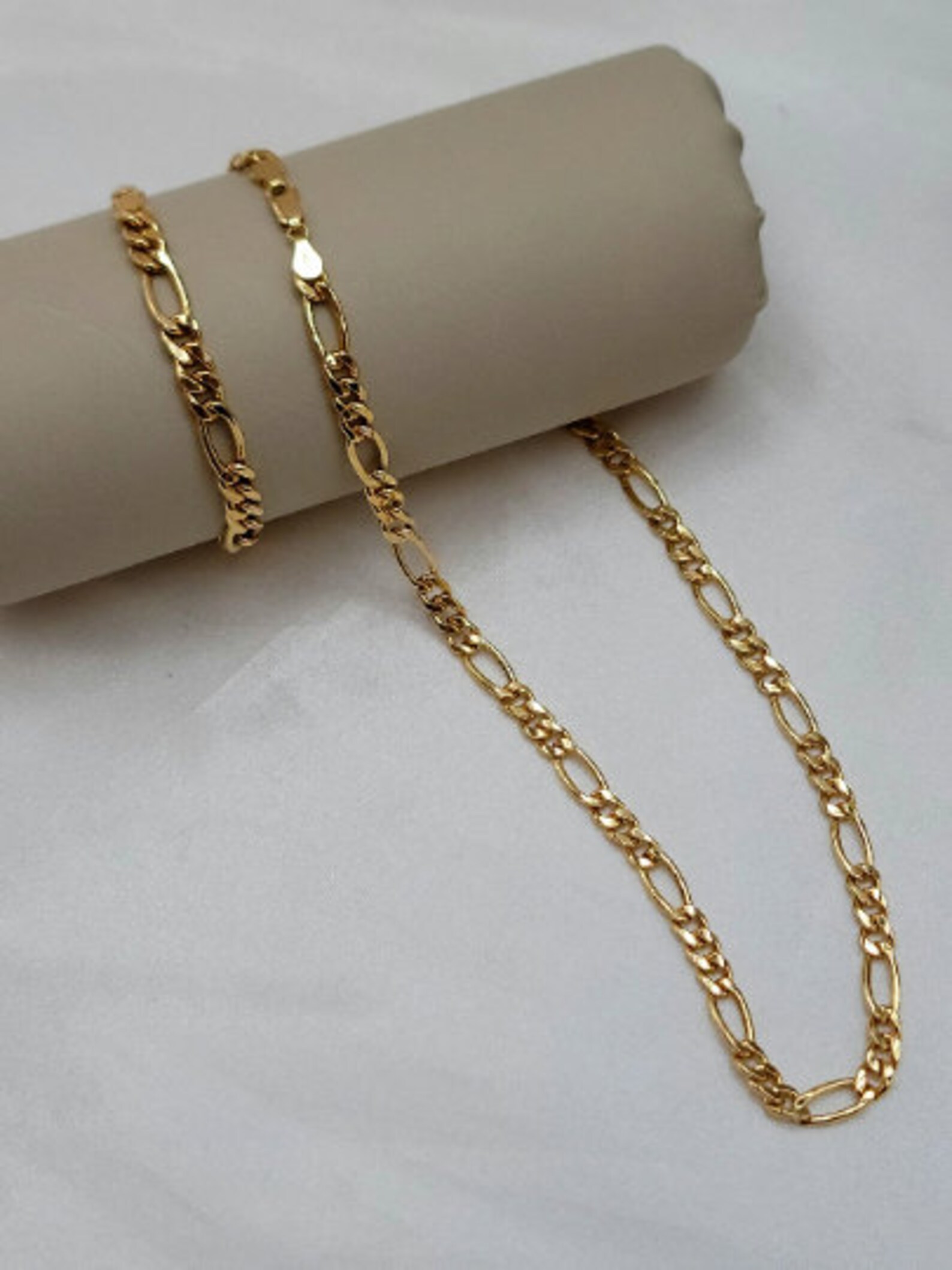 18K Solid Gold Figaro Chain & Bracelet, Pure 18K Gold Figaro Links ...