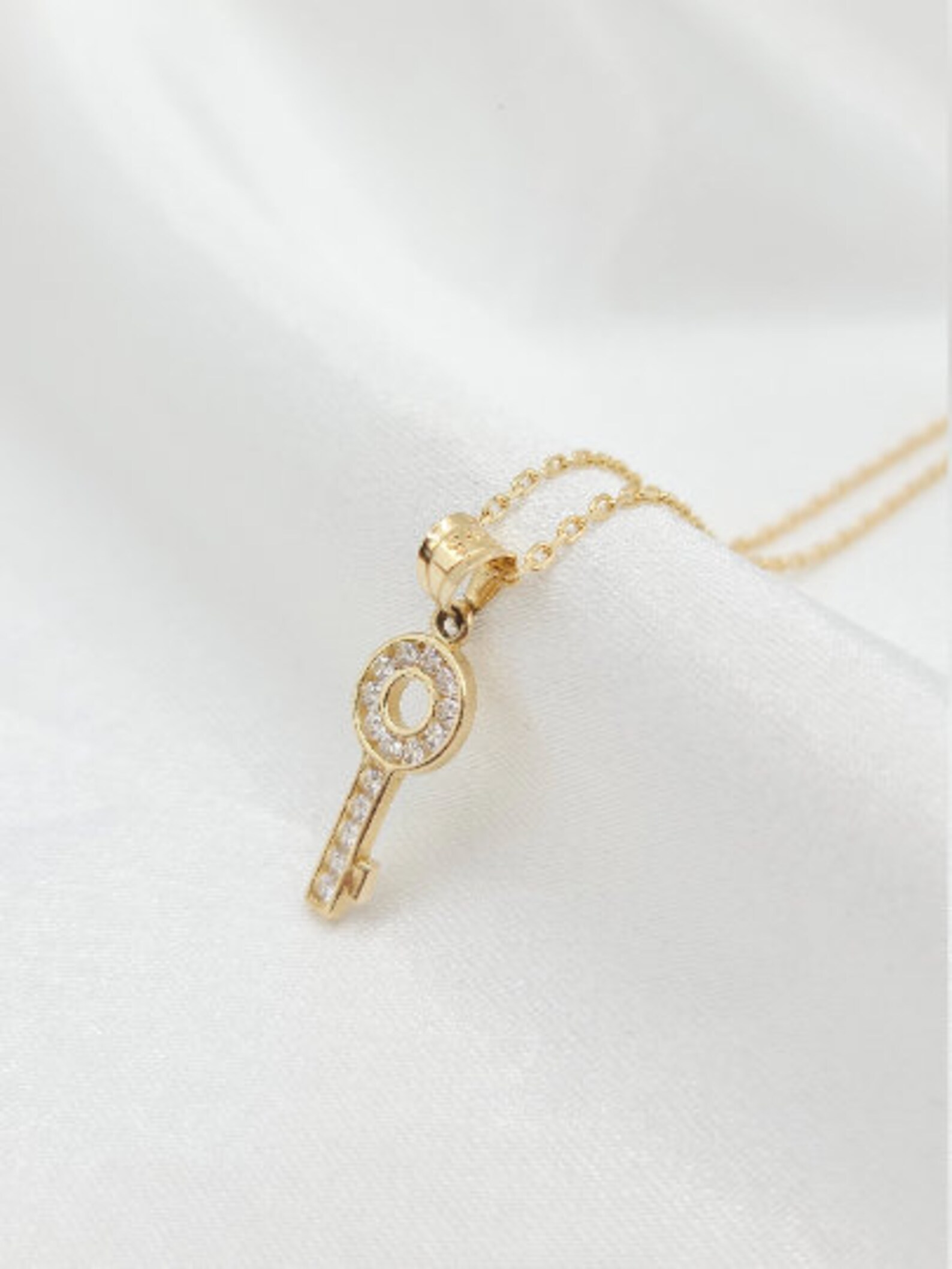 Love Key Necklace /14K Solid Gold Stone Key Necklace / Diamond Cut ...