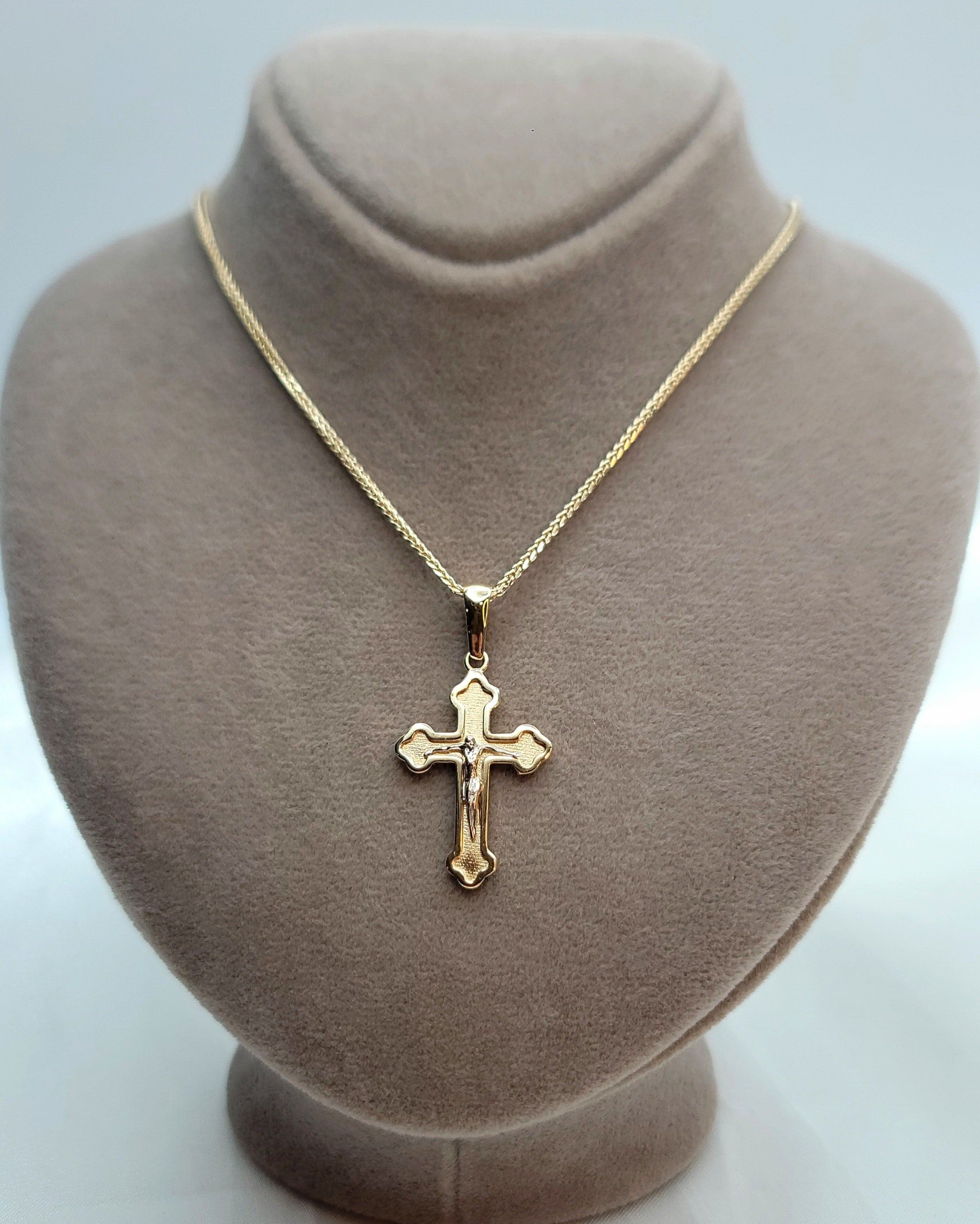 14K Real Gold Cross Pendant Necklace, Solid 14K Gold Religious Jesus ...