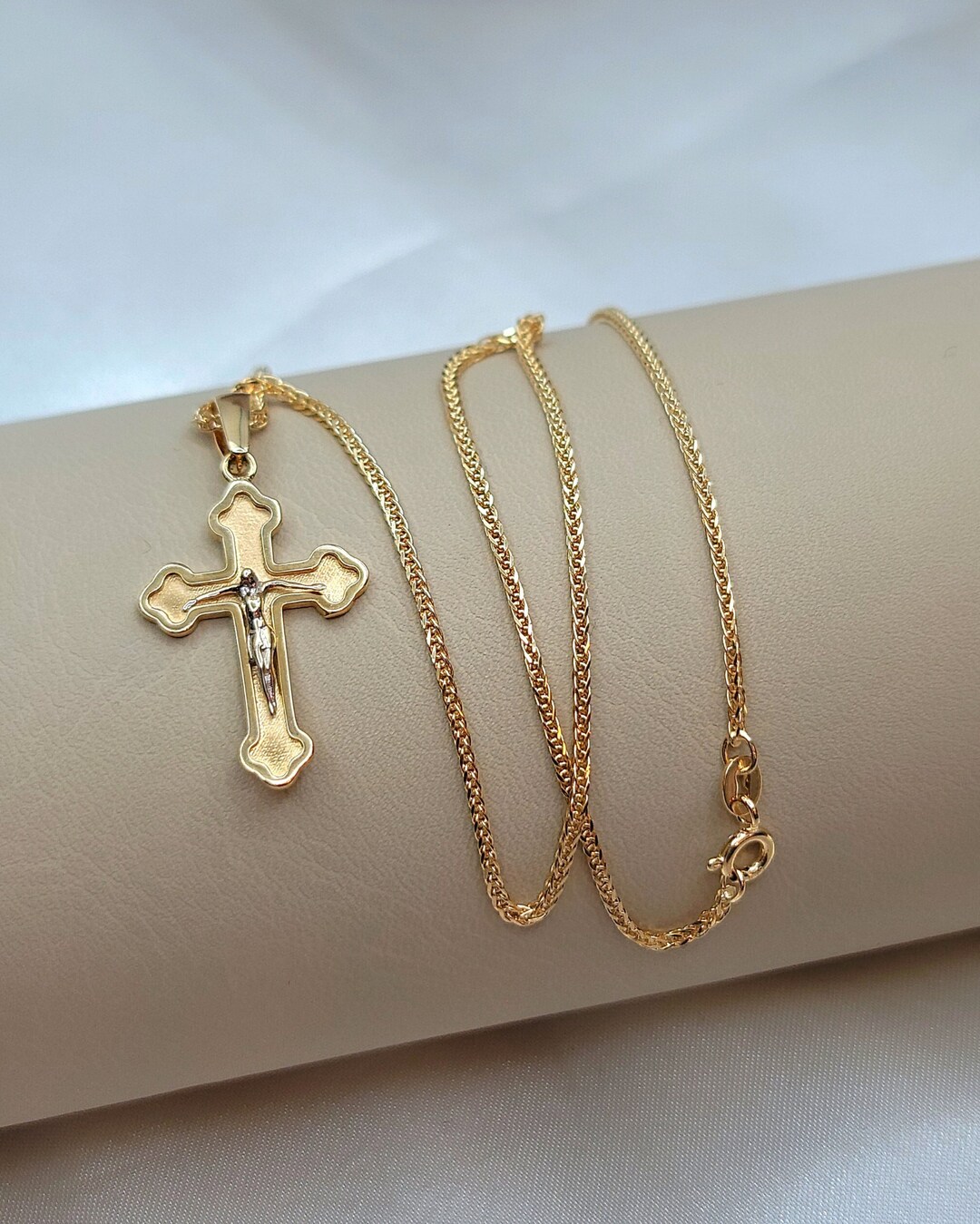14K Real Gold Cross Pendant Necklace, Solid 14K Gold Religious Jesus ...