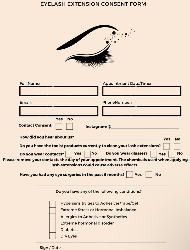 Eyelash Extensions Consent Form, Lash Extension Consent Forms, Consent ...