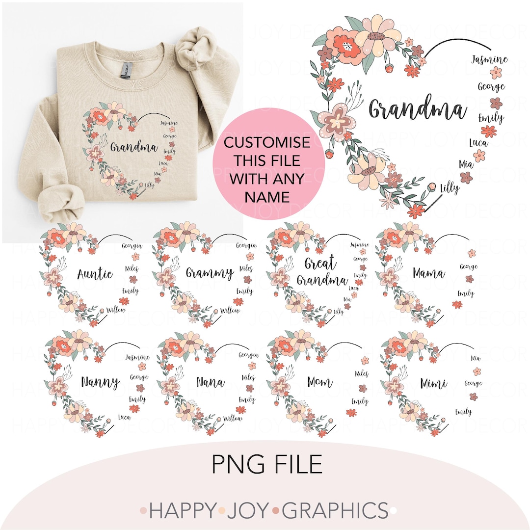 Bundle Custom Grandma Floral Heart and Grandkids Name Png Mama Garden ...